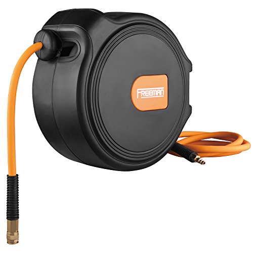 Freeman P1465CHR 1/4" x 65' Compact Retractable Air Hose Reel with Fittings Spring Loaded Compressed Air Hose with Auto-Guide Rewind & 180° Swivel Mount, Black, Orange