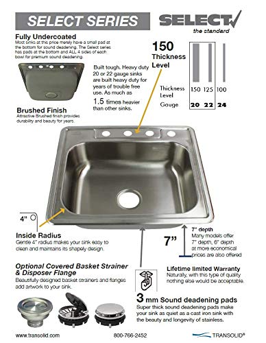 Transolid STSB25226-1 Select 1-Hole Drop-in Single Bowl Gauge Stainless Steel Kitchen Sink, 25-in x 22-in x 6-in, Brushed Finish