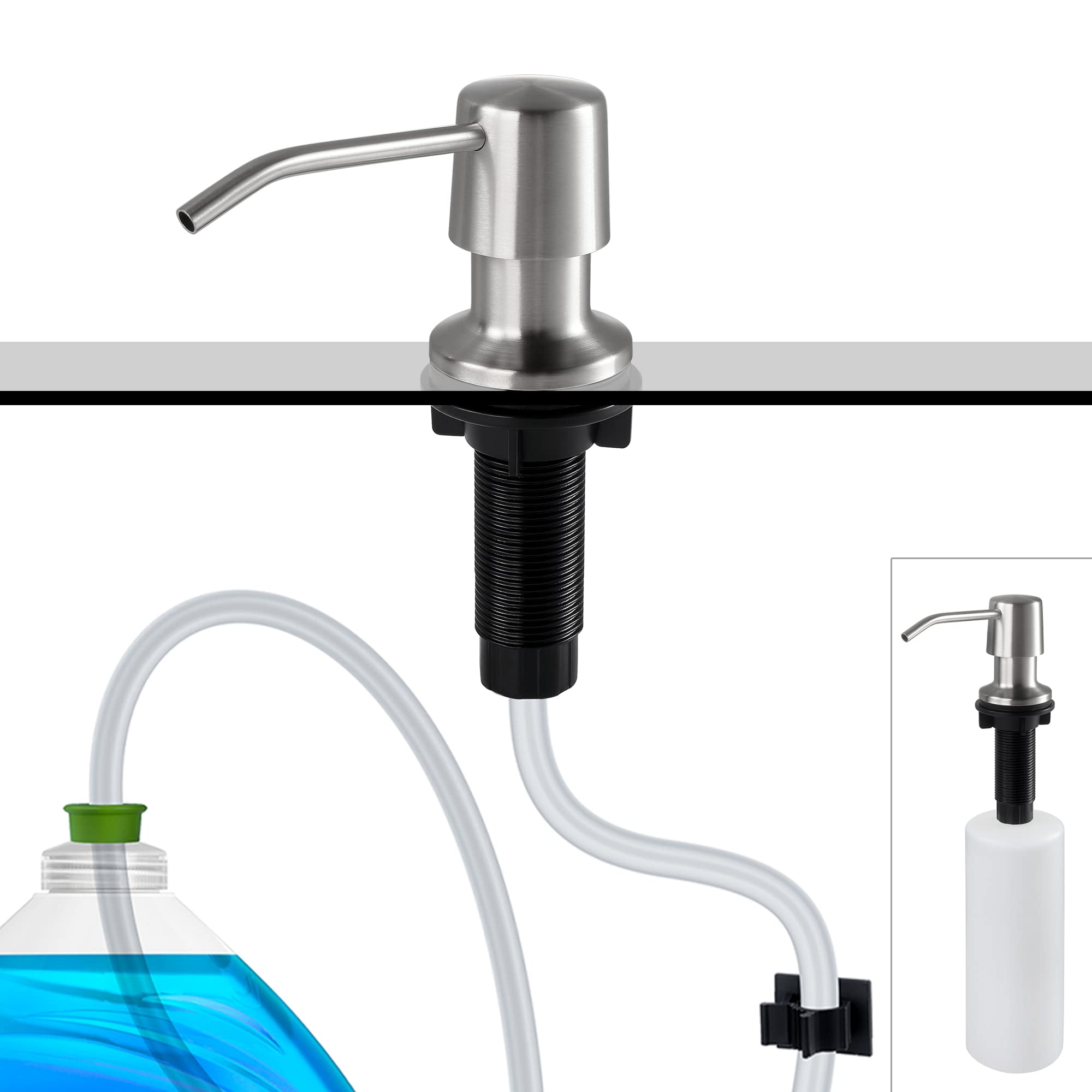 Built in Sink Soap Dispenser for Kitchen Sink, (Stainless Steel) Countertop Soap Dispenser Pump with 47" Extension, 4” Spout and 16oz Capacity Bottle