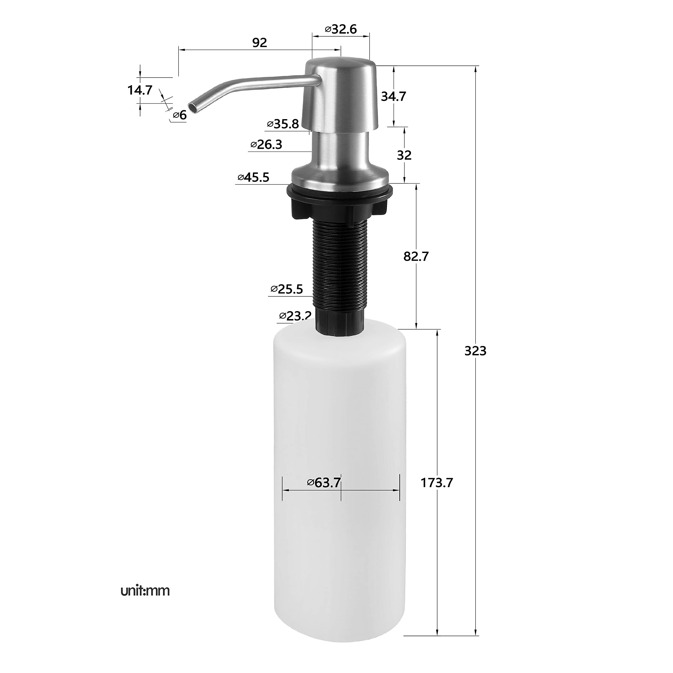 Built in Sink Soap Dispenser for Kitchen Sink, (Stainless Steel) Countertop Soap Dispenser Pump with 47" Extension, 4” Spout and 16oz Capacity Bottle