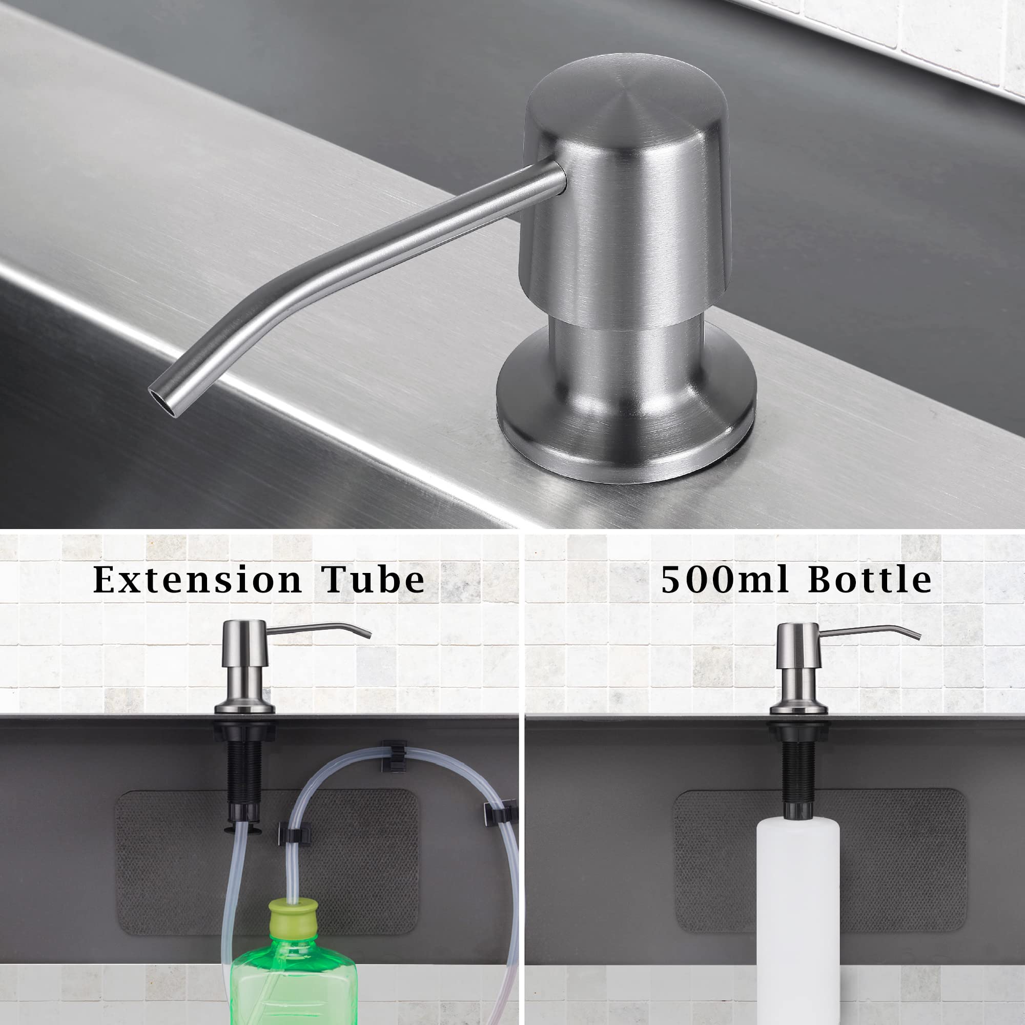 Built in Sink Soap Dispenser for Kitchen Sink, (Stainless Steel) Countertop Soap Dispenser Pump with 47" Extension, 4” Spout and 16oz Capacity Bottle