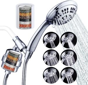 g-promise luxury filtered handheld shower head, 6 spray settings shower set with effective filter of 2 cartridges, adjustable metal bracket, extra long stretchable hose, chrome (chrome with filter)