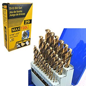 maxtool 29 pieces drill set 29pcs/29-piece twist drill bit set 8% cobalt hss m42 fully ground 1/16“ to 1/2”x64th fractional; jbs42g10r029p