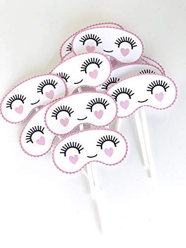 Slumber Party Cupcake Toppers 12 pcs, Spa Mask Cake Picks Birthday Decoration Party Supplies, Pink Girls Sleepover Baby Shower Themed