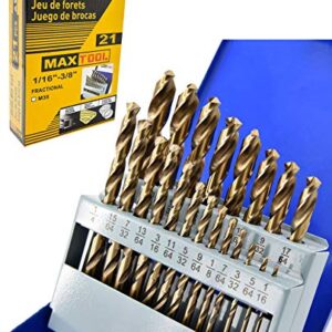 MaxTool 21 Pieces Drill Set 21PCs/21-Piece Twist Drill Bit Set 5% Cobalt HSS M35 Fully Ground 1/16“ to 3/8”x64th Fractional; JBS35G10R021S