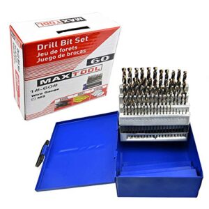 maxtool 60 pieces drill set 60pcs/60-piece twist drill bit set high speed steel m2 fully ground wire gauge/number 1-60; jbs02h10r060