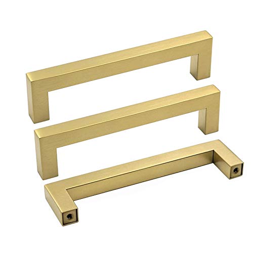 goldenwarm 5 Inch Gold Cabinet Pulls 10 Pack Brushed Brass - LSJ12GD128 Gold Cabinet Handles Square Brushed Gold Kitchen Hardware Pulls for Dresser Drawers