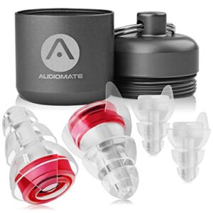 audiomate high-fidelity earplugs with metal keychain carry case and 2 interchangeable earbuds comfortable soft silicone hifi noise attenuating ear plugs for musicians, concert, sleeping & more