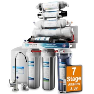 nu aqua 7-stage alkaline & uv under sink reverse osmosis water filter system - booster pump - 100 gpd ro filtration & remineralization - faucet & tank - 100gpd undersink home kitchen drinking purifier