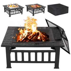 lemy 32 inch outdoor fire pit square metal firepit backyard patio garden stove wood burning fire pit w/rain cover, faux-stone finish