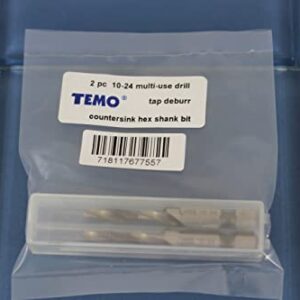 TEMO 2 pc 10-24 Combination Drill and Tap Multi Use Deburr Countersink Hex Bit