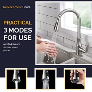 Kitchen Faucet Head Replacement, Angle Simple Kitchen Sink Faucet Parts, Pull Down Faucet Sprayer Head Nozzle, Stream Spray and Pause Mode, Brushed Nickel