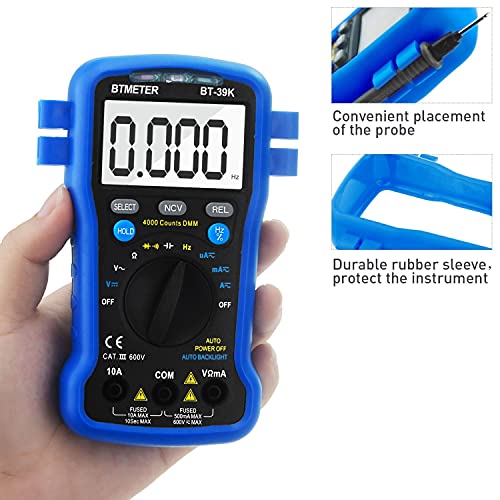 BTMETER BT-39K Multimeter with Case, 4000 Count Volt Ohm Amp Meter Autoranging DMM for AC/DC Current, Voltage, Resistance Frequency Tester, with NCV, Audible Continuity, Diode, Auto Backlight Meter