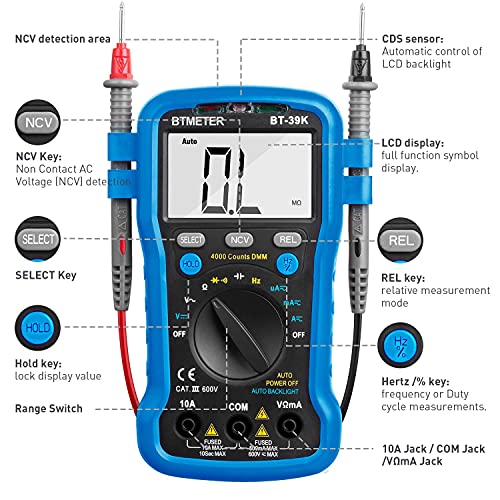 BTMETER BT-39K Multimeter with Case, 4000 Count Volt Ohm Amp Meter Autoranging DMM for AC/DC Current, Voltage, Resistance Frequency Tester, with NCV, Audible Continuity, Diode, Auto Backlight Meter