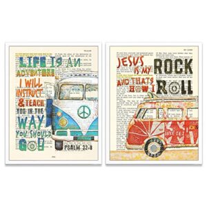 psalm 32:8, luke 24:2, christian art prints, set of 2, unframed, classic antique car van bible verse scripture wall decor poster, 8x10 inches