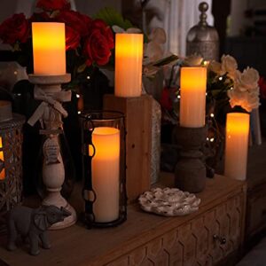 Homemory 9" x 3" Flameless Candles Battery Operated, Flickering LED Pillar Candles with Timers and 2 Remote Controls, Indoor Only, Flat Top, Ivory White Wax, Set of 2