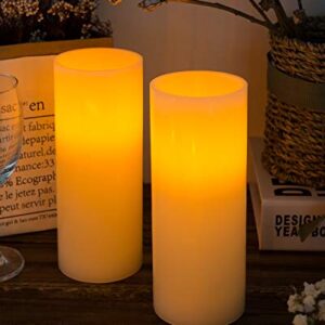 Homemory 9" x 3" Flameless Candles Battery Operated, Flickering LED Pillar Candles with Timers and 2 Remote Controls, Indoor Only, Flat Top, Ivory White Wax, Set of 2