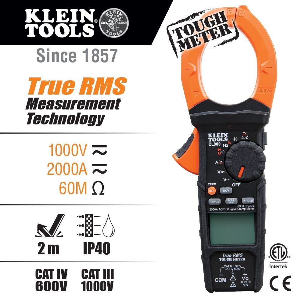 Klein Tools CL900 Digital Clamp Meter, Autoranging TRMS, AC/DC Voltage/Current, 2000A, LoZ , Continuity, Frequency, NCVT, Temp, More, 1000V