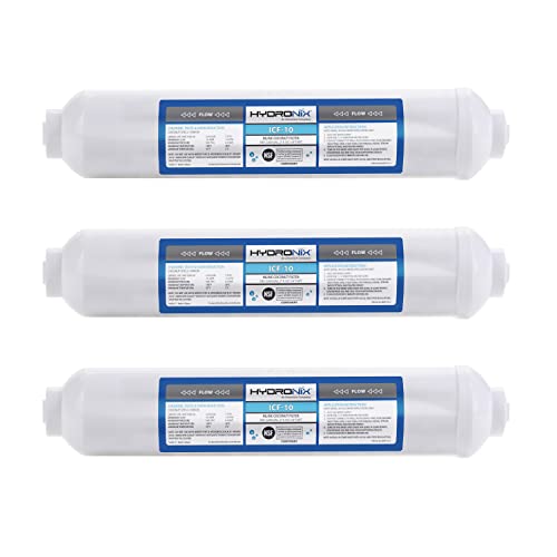 Hydronix ICF-10 Inline Post Activated Carbon Water Filter Replacement Cartridge with 1/4-Inch NPT for Refrigerator, Ice Maker, RO Reverse Osmosis System, 2000 Gallons - 1 Year Capacity (3 Pack)