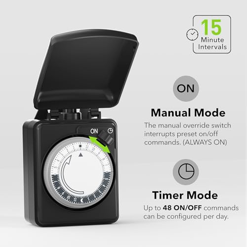 BN-LINK Compact Outdoor Mechanical 24 Hour Programmable Dual Outlet Timer - Plugin timer, Waterproof, Heavy Duty