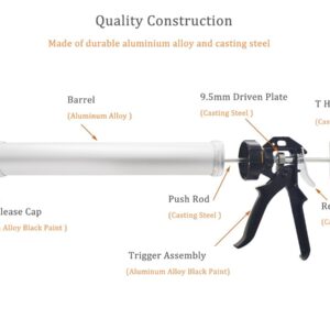 ZHTOOL 600ml Caulking Gun with Aluminum Barrel for 10oz/20oz Sausage Pack,10oz Cartridge and Bulk Application