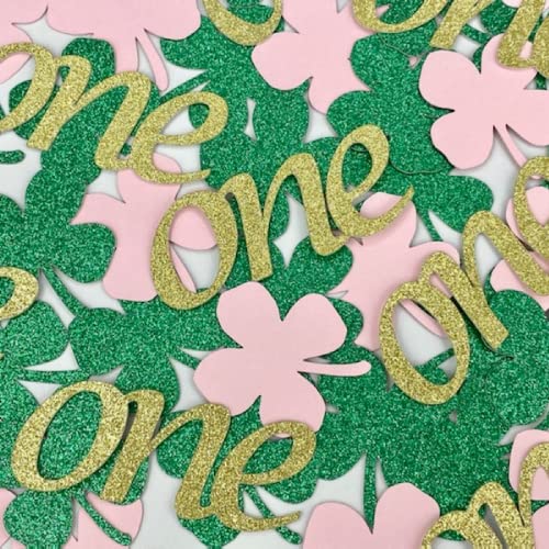 St. Patrick's Day Birthday - Shamrock Gold Glitter ONE Pink and Green Irish First Birthday Confetti - Lucky ONE - Four Leaf Clover - Little Leprechaun Party - Set of 275 Pieces