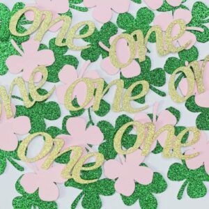 St. Patrick's Day Birthday - Shamrock Gold Glitter ONE Pink and Green Irish First Birthday Confetti - Lucky ONE - Four Leaf Clover - Little Leprechaun Party - Set of 275 Pieces