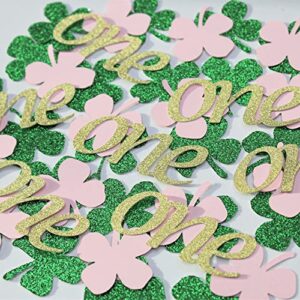 St. Patrick's Day Birthday - Shamrock Gold Glitter ONE Pink and Green Irish First Birthday Confetti - Lucky ONE - Four Leaf Clover - Little Leprechaun Party - Set of 275 Pieces