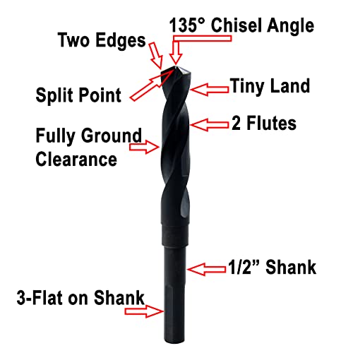 MAXTOOL 13/16" Silver and Deming Drill Bits HSS M2 S & D Drill Bits Prentice Twist Drills Black Oxide 3-Flat on 1/2" Shank 3-Flat 6" OAL; SD02B03R052