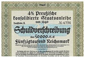 1940 de rare original 50,000 mark nazi war bond w blue eagle, 2 swastikas 50,0000 marks crisp uncirculated