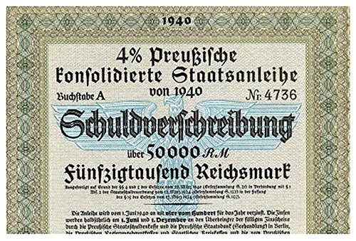 1940 DE RARE ORIGINAL 50,000 MARK NAZI WAR BOND w BLUE EAGLE, 2 SWASTIKAS 50,0000 Marks Crisp Uncirculated