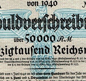 1940 DE RARE ORIGINAL 50,000 MARK NAZI WAR BOND w BLUE EAGLE, 2 SWASTIKAS 50,0000 Marks Crisp Uncirculated