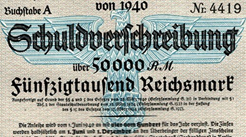 1940 DE RARE ORIGINAL 50,000 MARK NAZI WAR BOND w BLUE EAGLE, 2 SWASTIKAS 50,0000 Marks Crisp Uncirculated