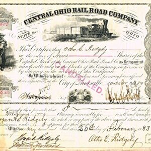 1877 RARE ORIGINAL CENTRAL OHIO RAILROAD (ZANESVILLE) STOCK CERTIFICATE w MULTIPLE SIGNATURES Various Share Amounts Extremely Fine