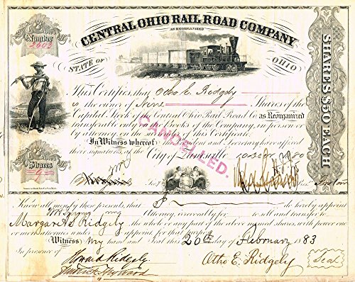 1877 RARE ORIGINAL CENTRAL OHIO RAILROAD (ZANESVILLE) STOCK CERTIFICATE w MULTIPLE SIGNATURES Various Share Amounts Extremely Fine