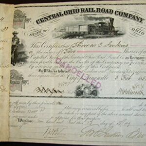 1877 RARE ORIGINAL CENTRAL OHIO RAILROAD (ZANESVILLE) STOCK CERTIFICATE w MULTIPLE SIGNATURES Various Share Amounts Extremely Fine