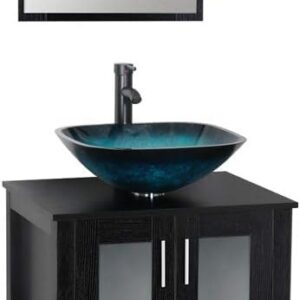 U-Eway 24 Inch Black Bathroom Vanity Square Tempered Glass Vessel Sink Combo 1.5 GPM Faucet Oil Rubbed Bronze Bathroom Vanity Top with Sink Bowl, 20-inch Deep and 30% Water Saving