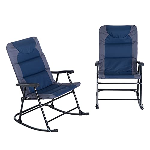 Outsunny 2 Piece Outdoor Rocking Chair Set, Patio Furniture Set with Folding Design, Armrests for Porch, Camping, Balcony, Navy Blue