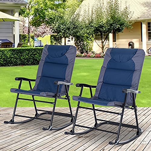 Outsunny 2 Piece Outdoor Rocking Chair Set, Patio Furniture Set with Folding Design, Armrests for Porch, Camping, Balcony, Navy Blue