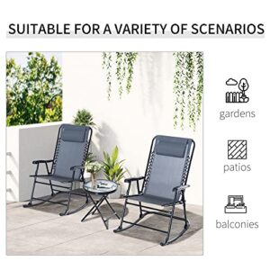 Outsunny 3 Piece Outdoor Rocking Bistro Set, Patio Folding Chair Table Set with Glass Coffee Table for Yard, Patio, Deck, Backyard, Grey