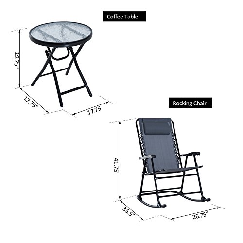 Outsunny 3 Piece Outdoor Rocking Bistro Set, Patio Folding Chair Table Set with Glass Coffee Table for Yard, Patio, Deck, Backyard, Grey