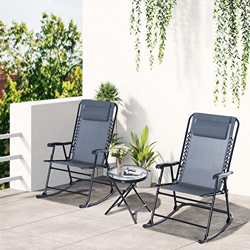 Outsunny 3 Piece Outdoor Rocking Bistro Set, Patio Folding Chair Table Set with Glass Coffee Table for Yard, Patio, Deck, Backyard, Grey