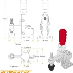 POWERTEC 20328 Quick Release Vertical Toggle Clamp 12050-200 lbs Holding Capacity w Rubber Pressure Tip, 4PK