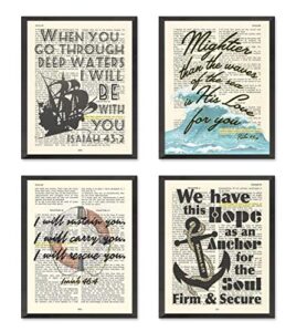 nautical bible verse christian art prints, set of 4, isaiah 43:2, isaiah 46:4, psalm 93:4, hebrews 6:19, unframed, bible verse scripture wall decor poster, 8x10 inches