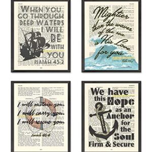 Nautical Bible Verse Christian Art Prints, Set of 4, Isaiah 43:2, Isaiah 46:4, Psalm 93:4, Hebrews 6:19, Unframed, Bible Verse Scripture Wall Decor Poster, 8x10 Inches