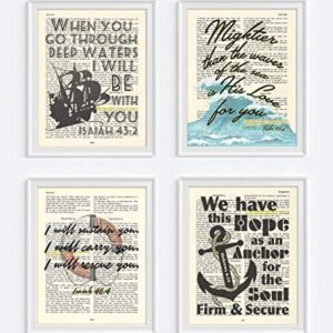 Nautical Bible Verse Christian Art Prints, Set of 4, Isaiah 43:2, Isaiah 46:4, Psalm 93:4, Hebrews 6:19, Unframed, Bible Verse Scripture Wall Decor Poster, 8x10 Inches