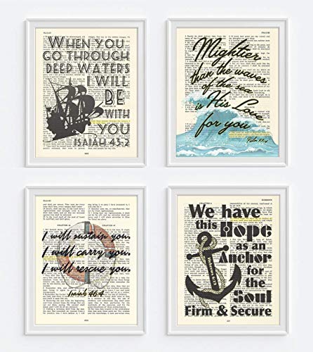 Nautical Bible Verse Christian Art Prints, Set of 4, Isaiah 43:2, Isaiah 46:4, Psalm 93:4, Hebrews 6:19, Unframed, Bible Verse Scripture Wall Decor Poster, 8x10 Inches