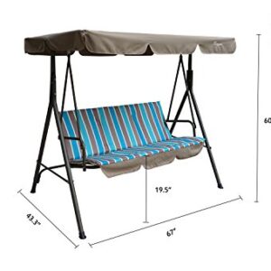 Alicia Patio Swing Chair with 3 Comfortable Cushion Seats and Strong Weather Resistant Powder Coated Steel Frame (Blue Stripe)