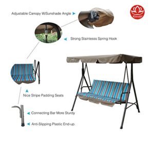 Alicia Patio Swing Chair with 3 Comfortable Cushion Seats and Strong Weather Resistant Powder Coated Steel Frame (Blue Stripe)