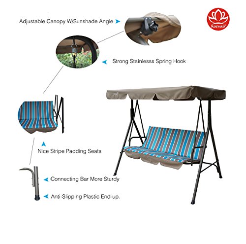 Alicia Patio Swing Chair with 3 Comfortable Cushion Seats and Strong Weather Resistant Powder Coated Steel Frame (Blue Stripe)